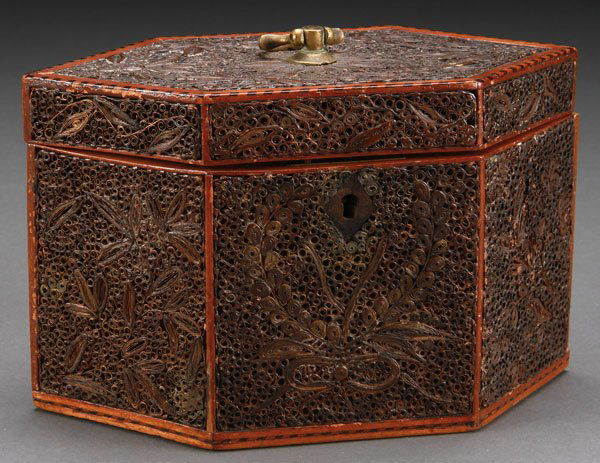 GEORGE III QUILLWORK & ROLLED PAPERWORK TEA CADDY