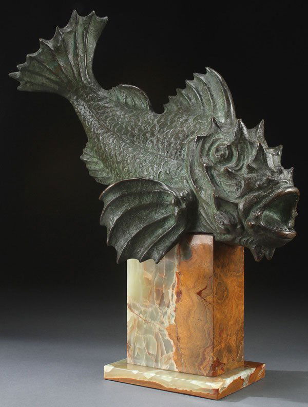 A LARGE ART DECO PATINATED BRONZE FISH SCULPTURE