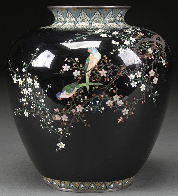 A VERY FINE JAPANESE INABA ENAMELED SILVER VASE,