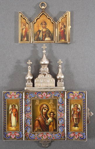 Pair Of Russian Silver & Enamel Icon Triptychs