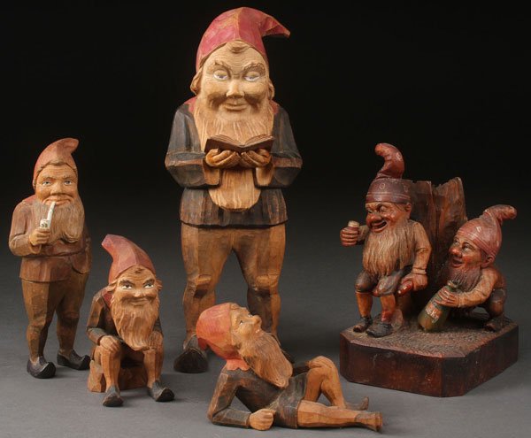 GROUP OF FIVE NORWEGIAN CARVED WOODEN TROLLS