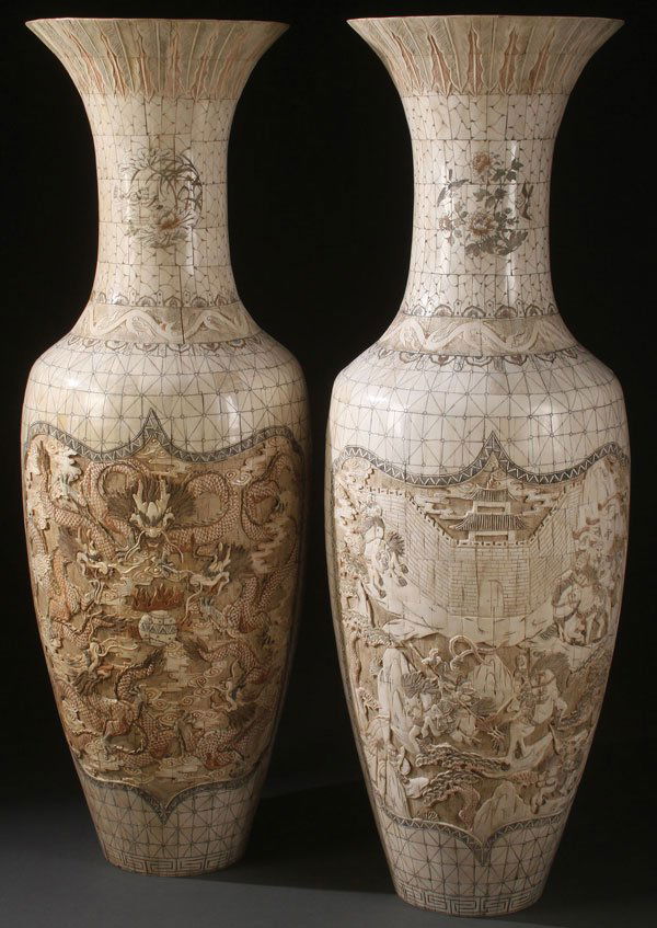 PR OF MONUMENTAL CHINESE CARVED BONE VASES