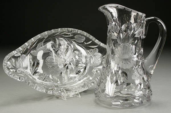 Two Cut Glass Items Each With Butterflies And Bir