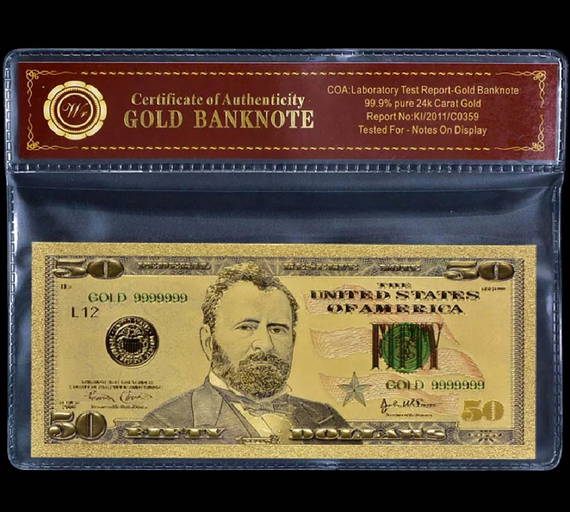 99.9% Pure 24k Lab Tested $50 Gold Banknote