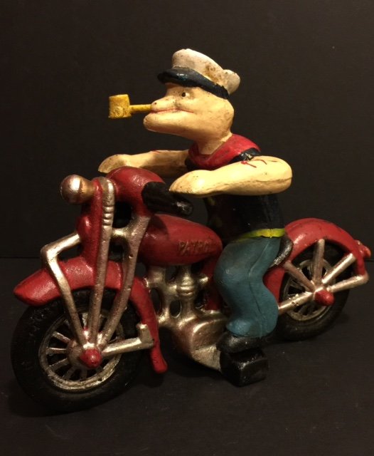 Vtg. Cast Iron Popeye Riding a Harley Davidson Toy