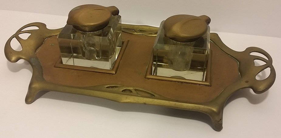 Vintage Brass German Signed Geschutzt Inkwell