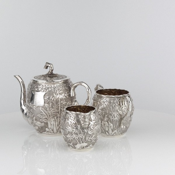 A Chinese Bamboo Pattern Silver Tea Set