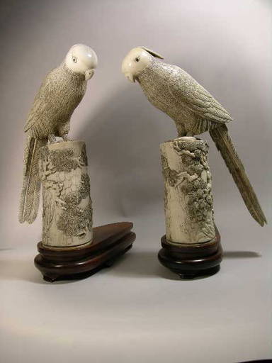 Pair Of Excellent Carved Parrots.