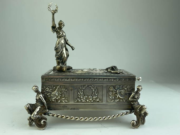 Mechanical singing 925 silver bird box. Lady with a wreath. (#0001) on ...