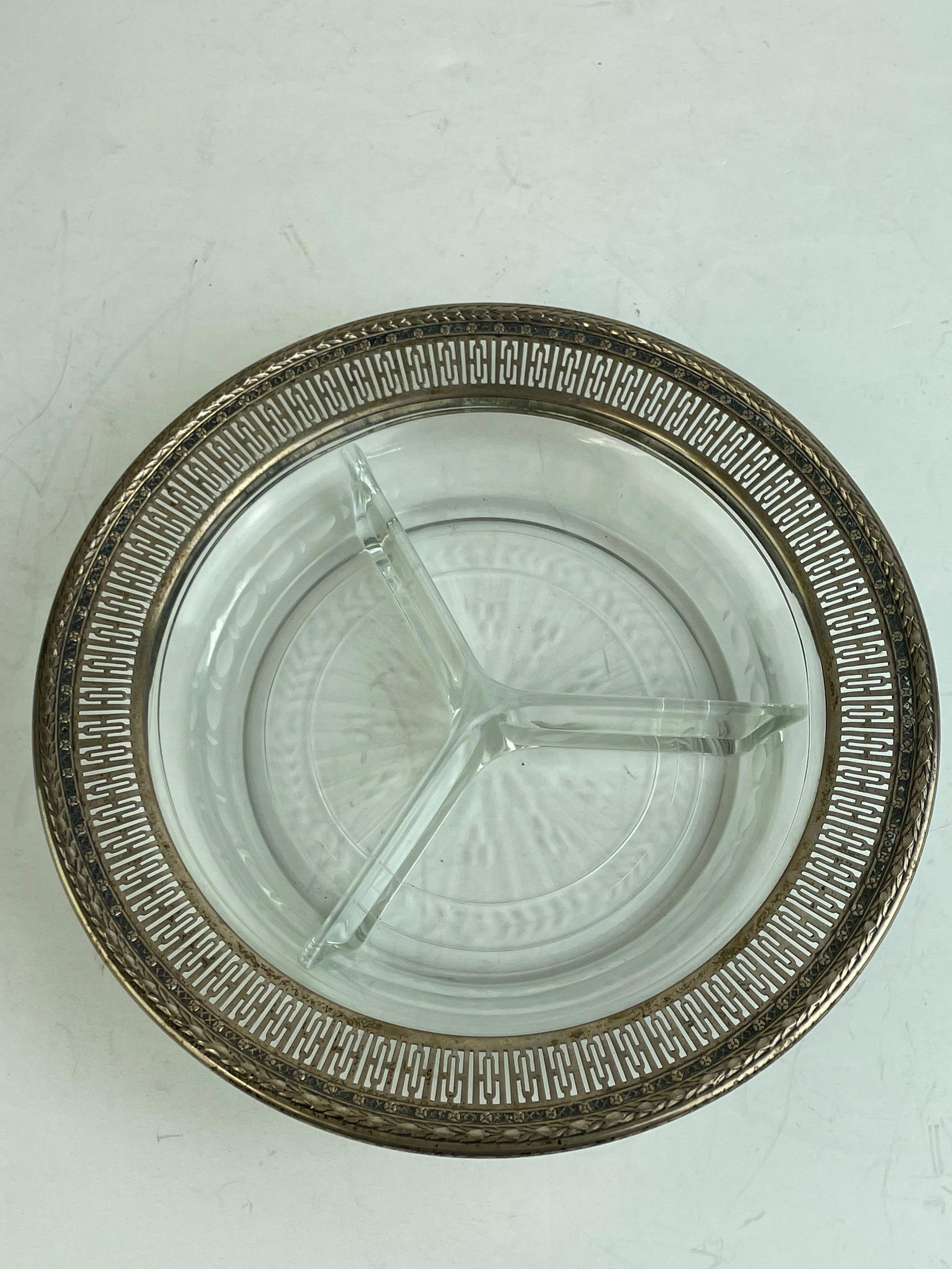 Antique Sterling Silver Rim Divided Cut Glass Dish.