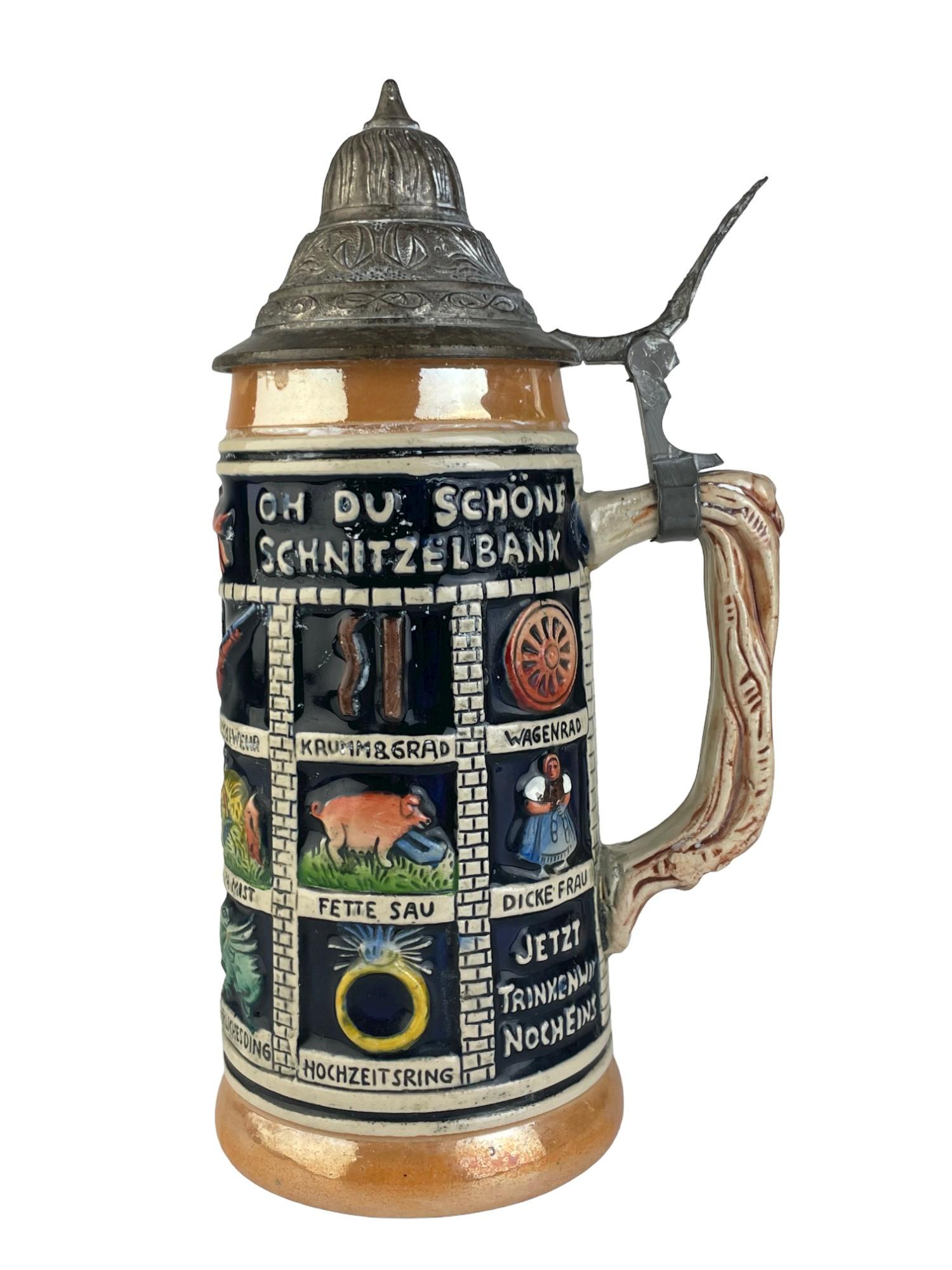 Vintage "oh Du Schone Schnitzelbank" Metal Lidded Beer Stein Made In ...