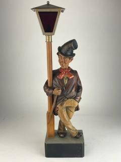 German Carved Wood Automaton Of A Drunk At Lamppost.