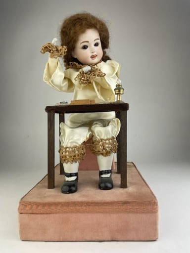Antique Doll Automaton Of A Young Girl At A Desk With A Book, Lamp And ...