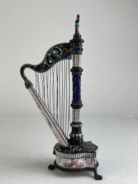 Viennese Antique Enamel Miniature Harp Painted With Romantic Scenes All ...