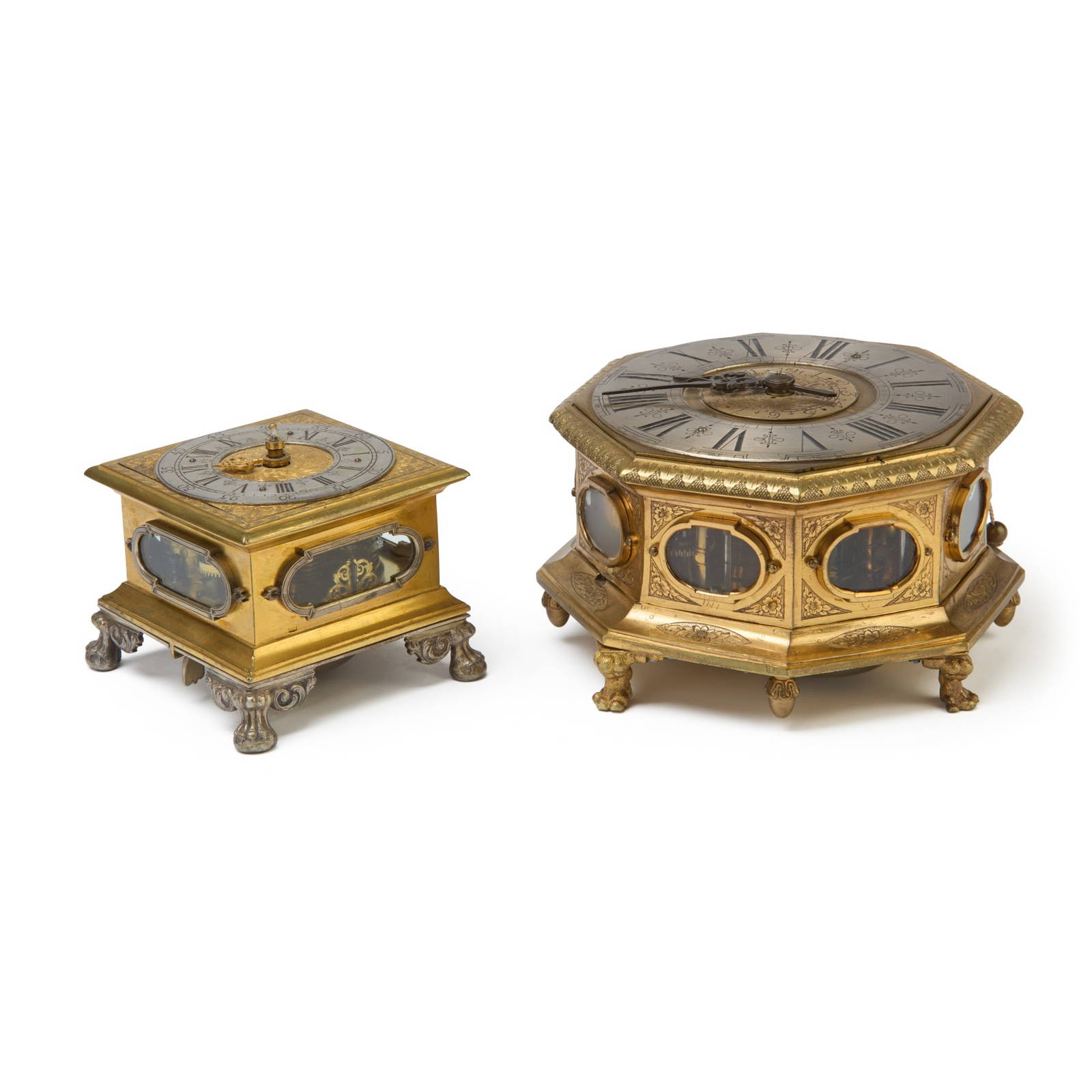 Two Central European Baroque Gilt Brass Horizontal Table Clocks, Early ...