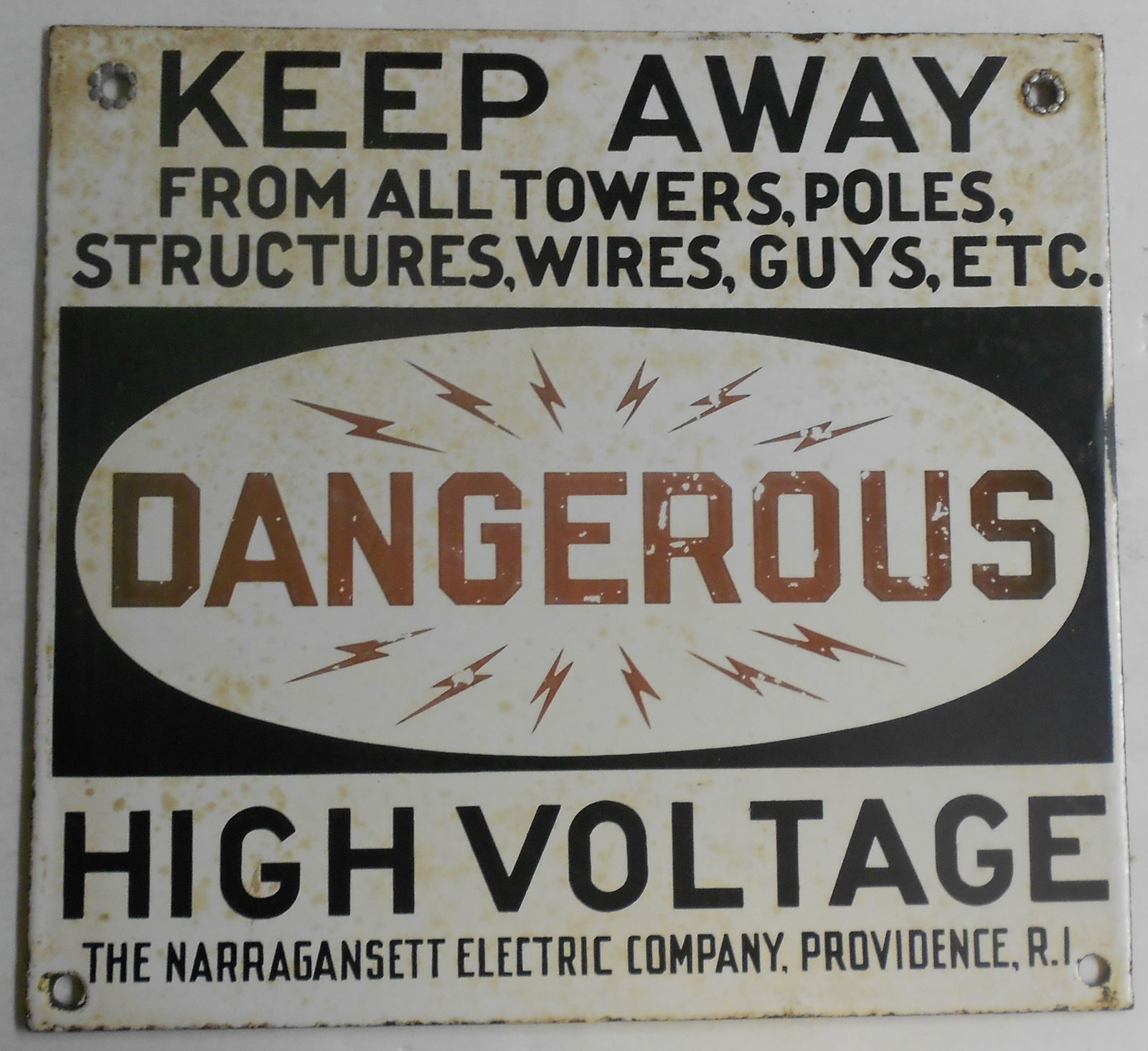 Narragansett Electric "warning High Voltage Porcelain Sign Auction