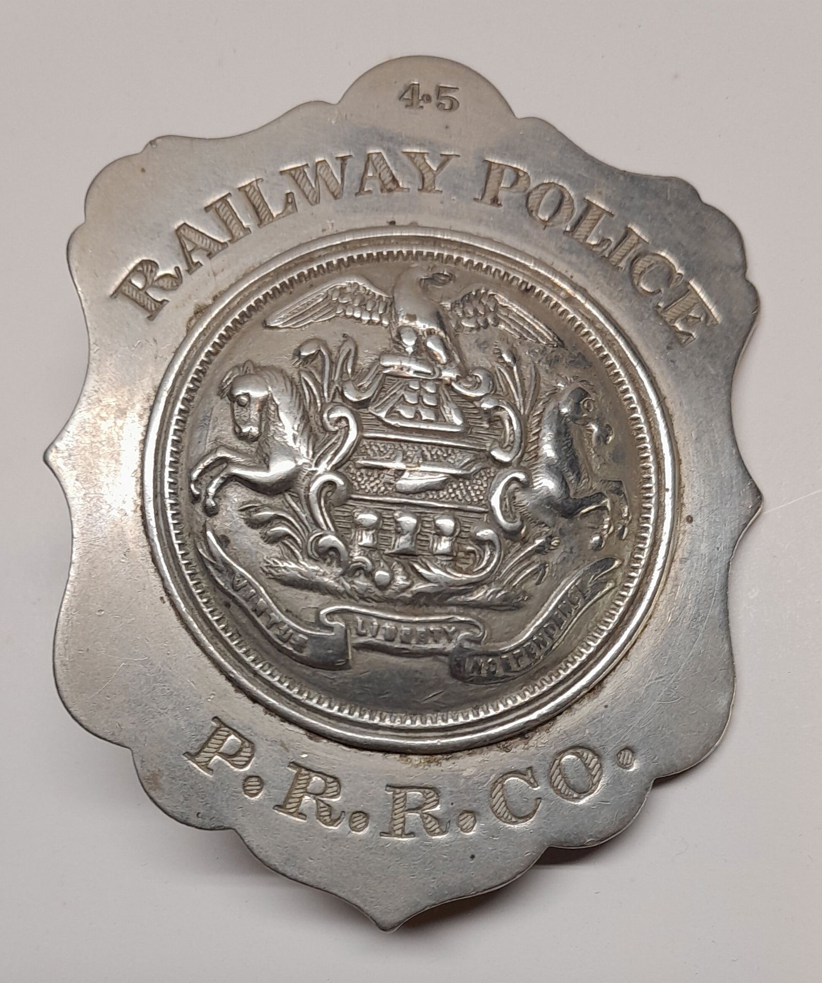 Pennsylvania Railroad Police Badge #45 - Am Ry Supply Auction