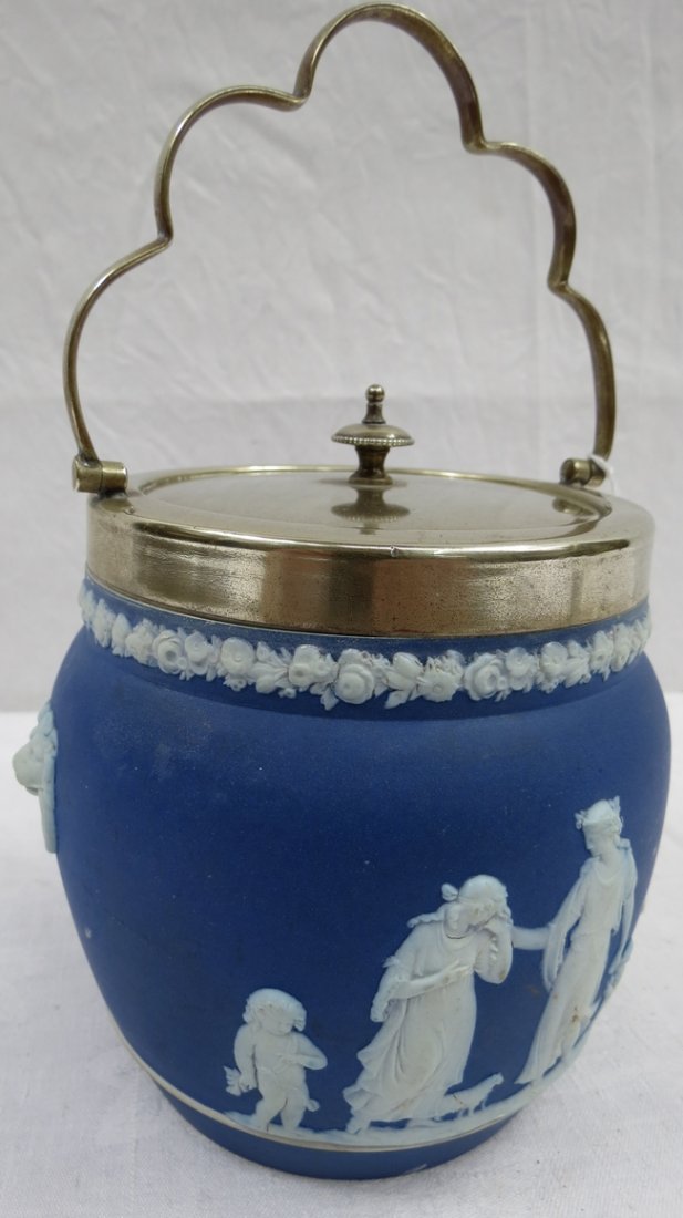 19thc. Wedgwood Mid Blue Jasper Biscuit Barrel With Sil