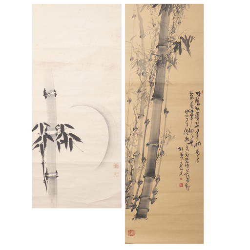Pair Of Japanese Sumi E Bamboo Hanging Scrolls, 19th/20thc