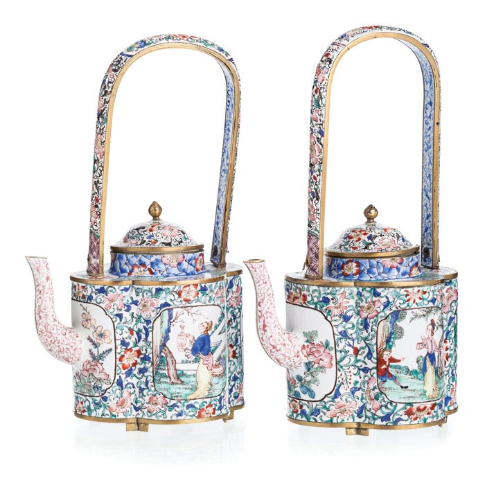 Pair of Chinese enamel teapots, Canton