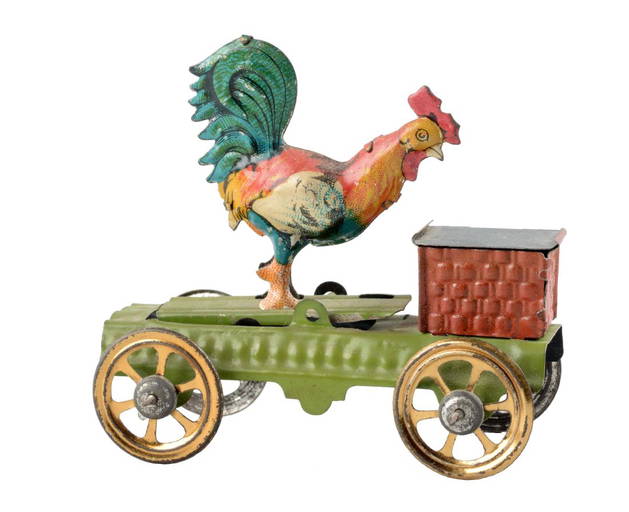German Tin Litho Rooster Pecking Penny Toy.