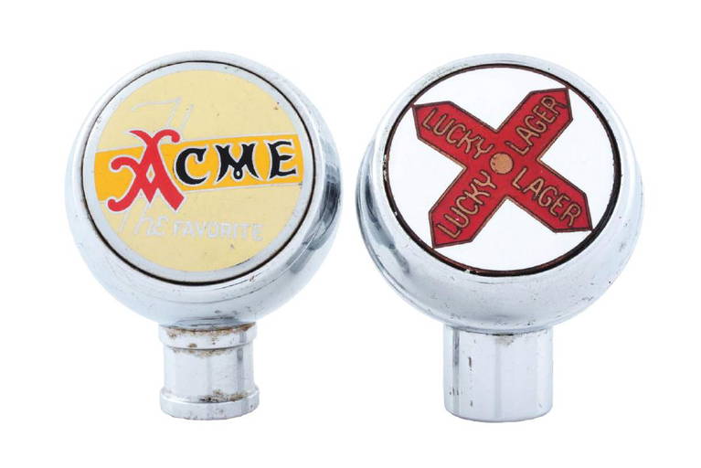 Lot Of 2: Acme & Lucky Lager Beer Tap Knobs.