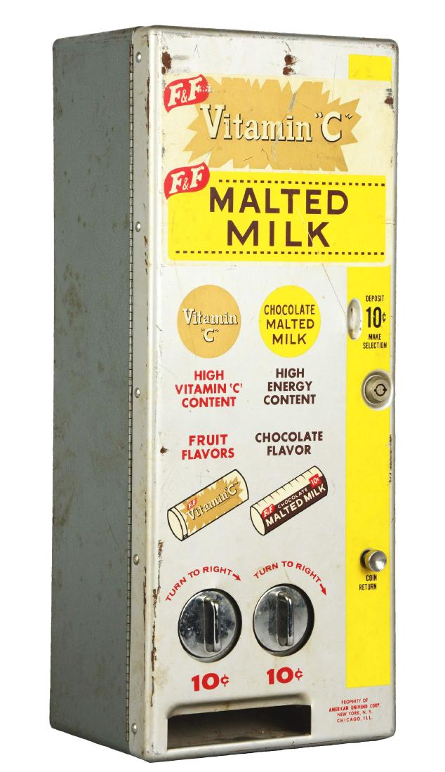 10¢ F&F Vitamin C And Malted Milk Vending Machine.