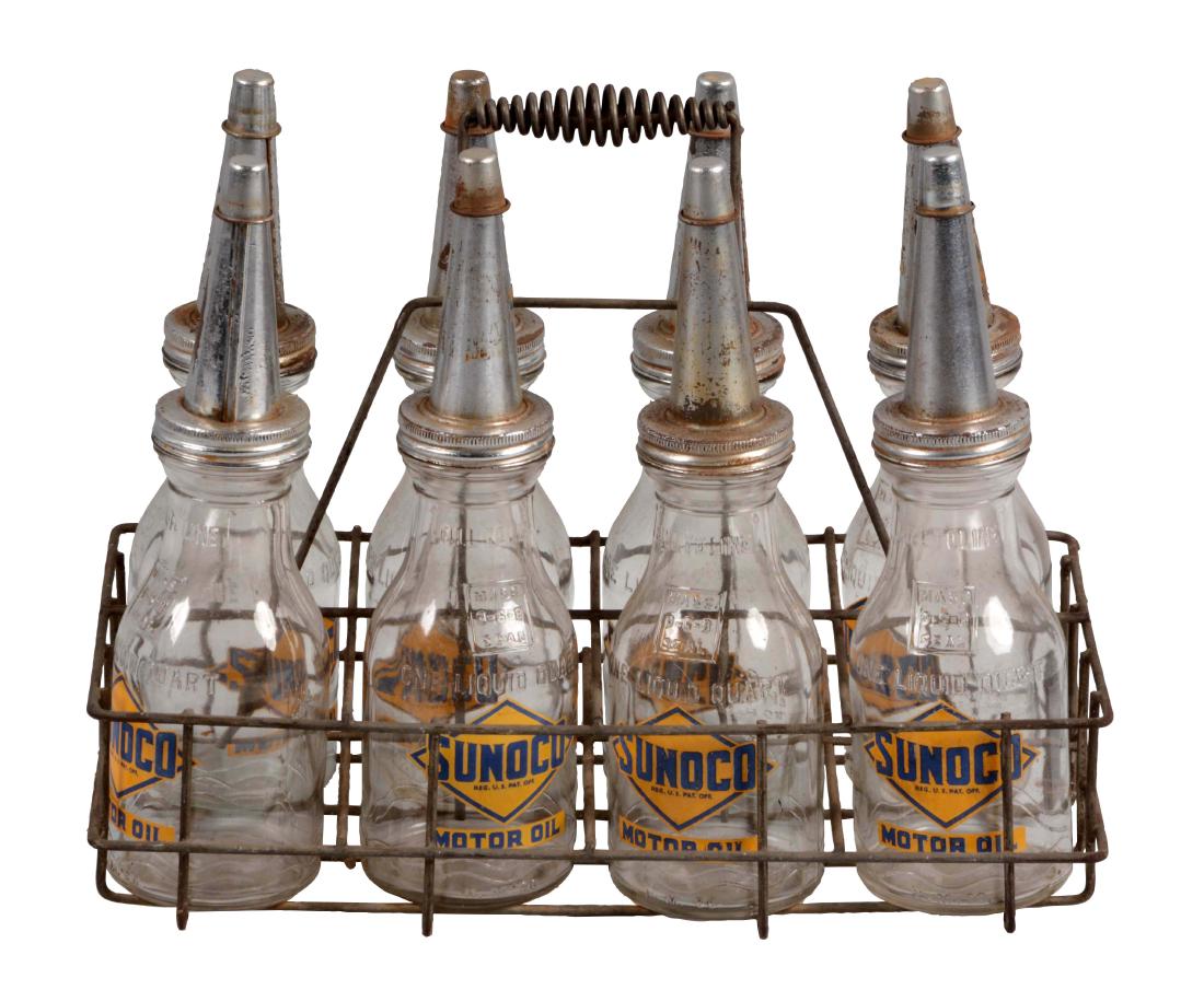 Sunoco Motor Oil Glass Oil Bottle Set with Bottle Rack.
