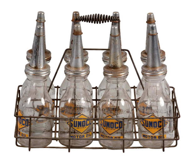 Sunoco Motor Oil Glass Oil Bottle Set With Bottle Rack.
