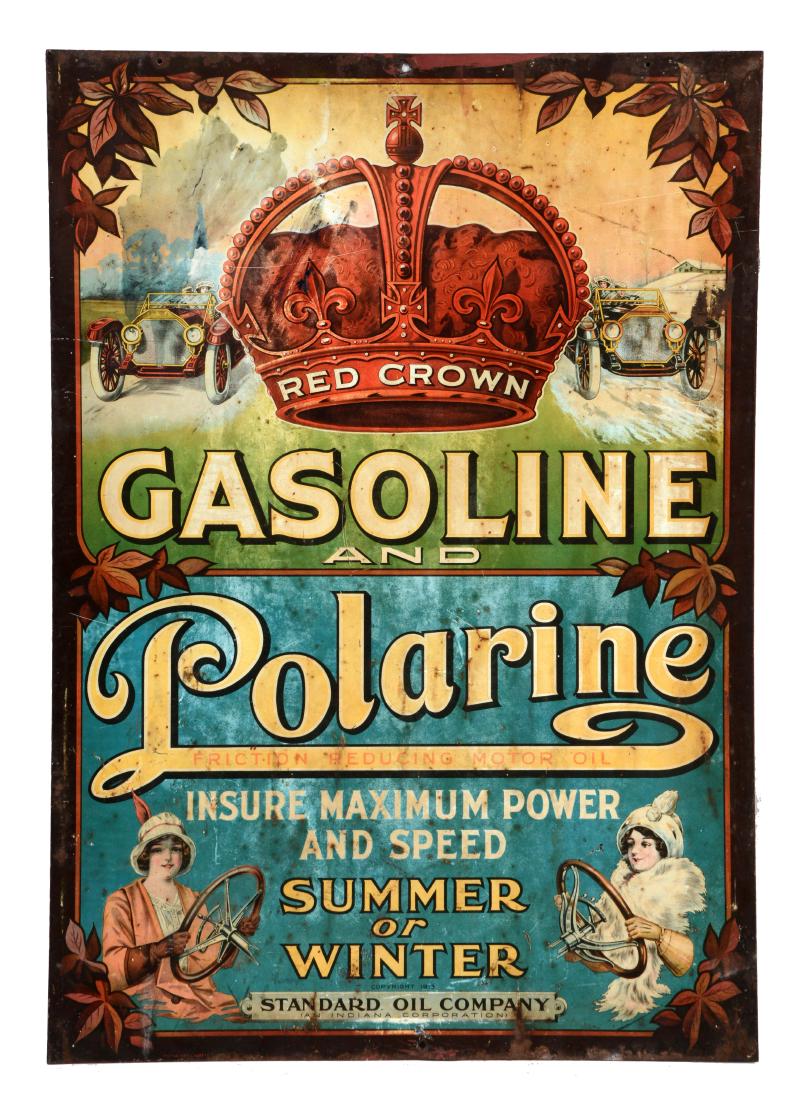 Tin Red Crown Gasoline Polarine Motor Oil Sign.