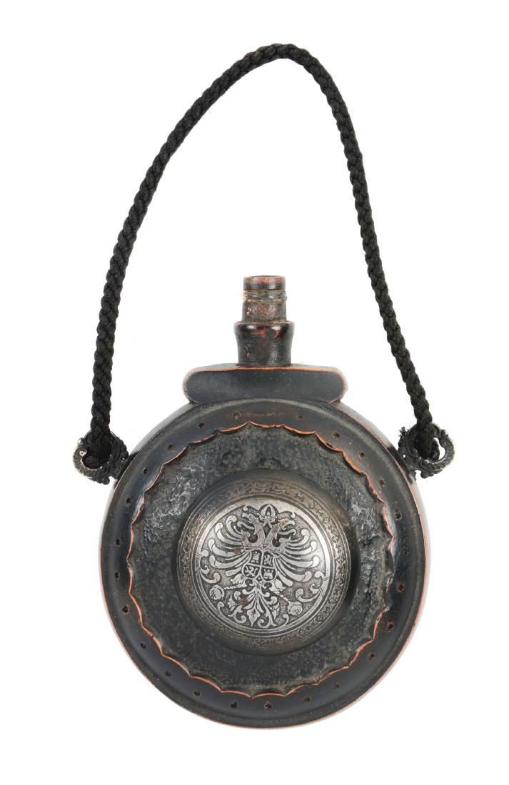 Carved Spanish Wood Powder Flask.