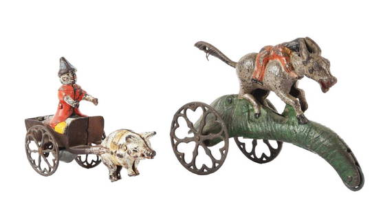19th C Cast Iron Gong Bell Pig Pulling Clown Driver In Cart