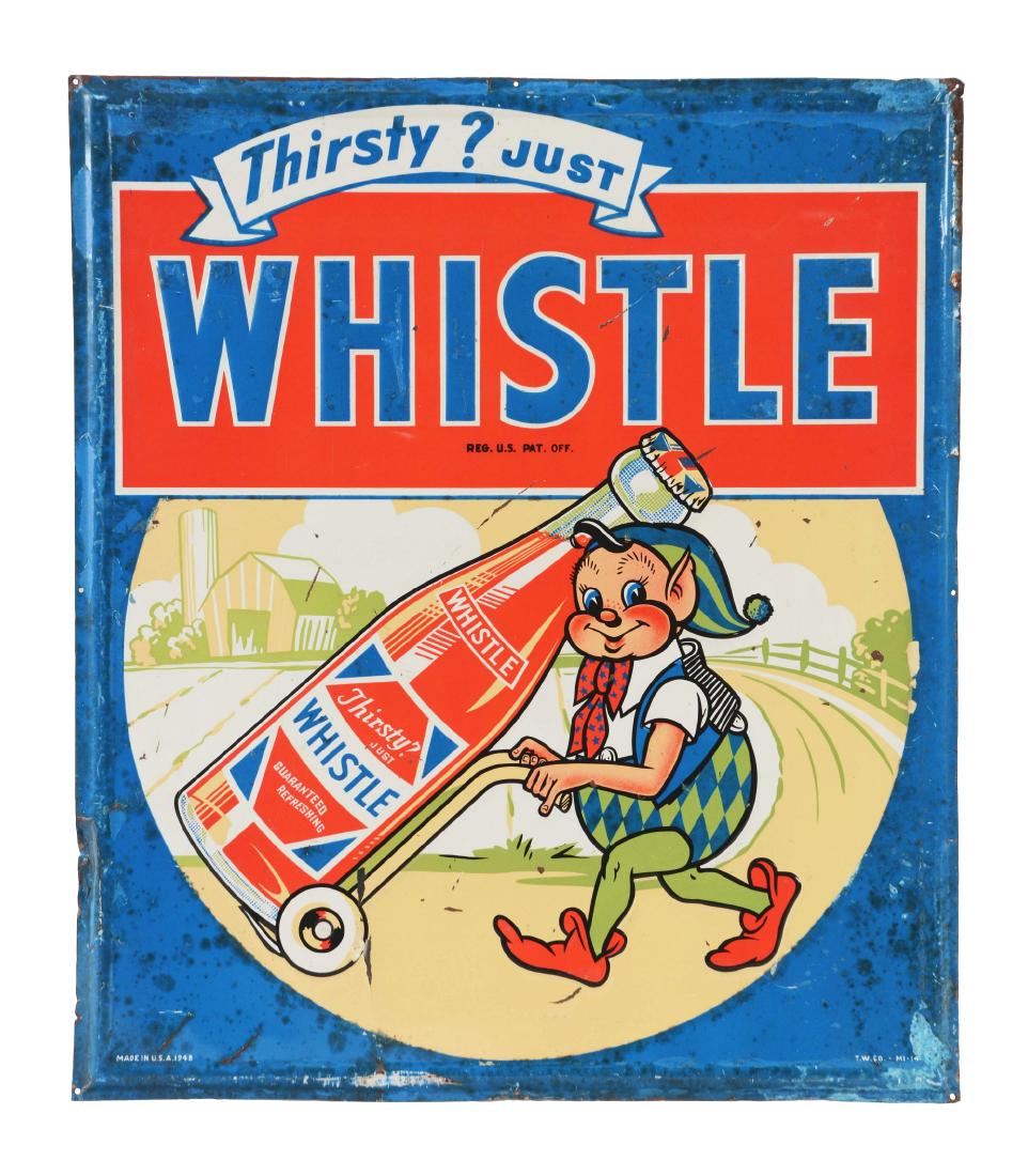 Whistle Soda Pop Embossed Tin Sign with Elf Graphic.