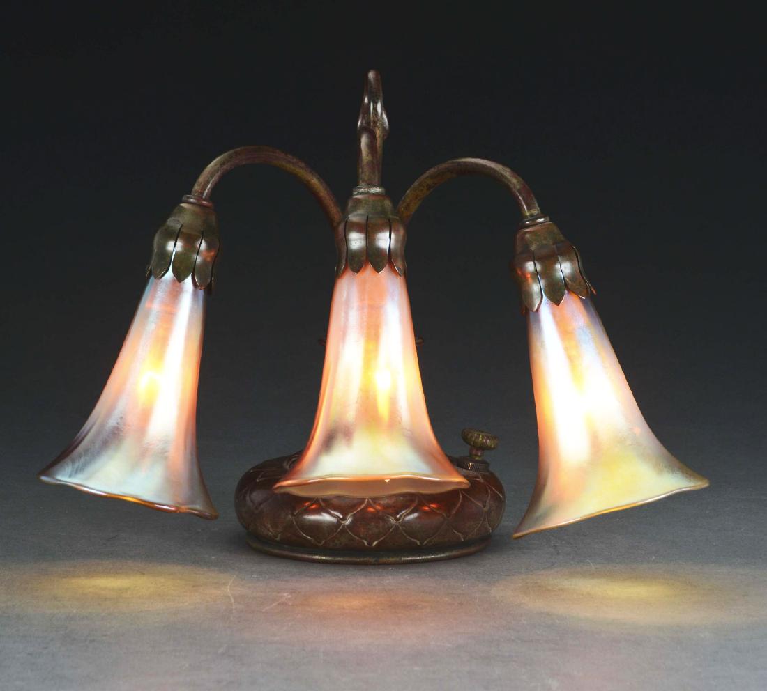 Tiffany Studios 3-Lite Lily Piano Lamp.