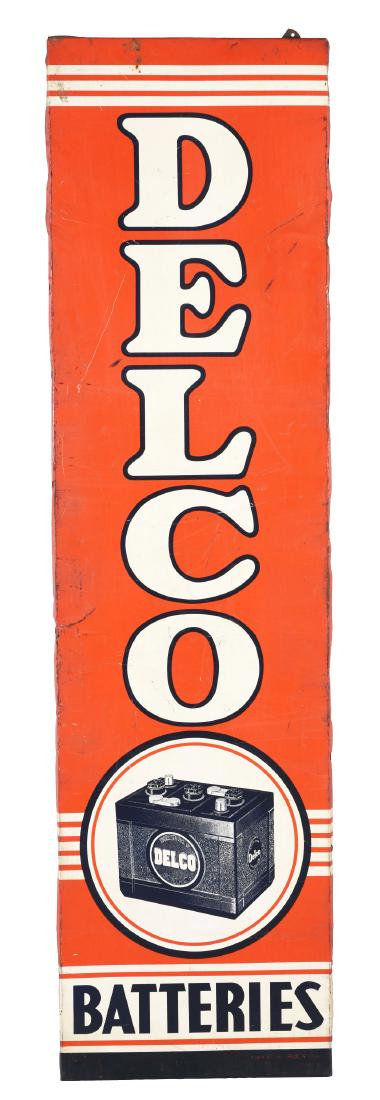 Delco Batteries Vertical Tin Service Station Sign.