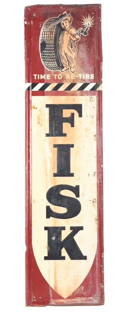 Fisk Tires Embossed Tin Vertical Sign.