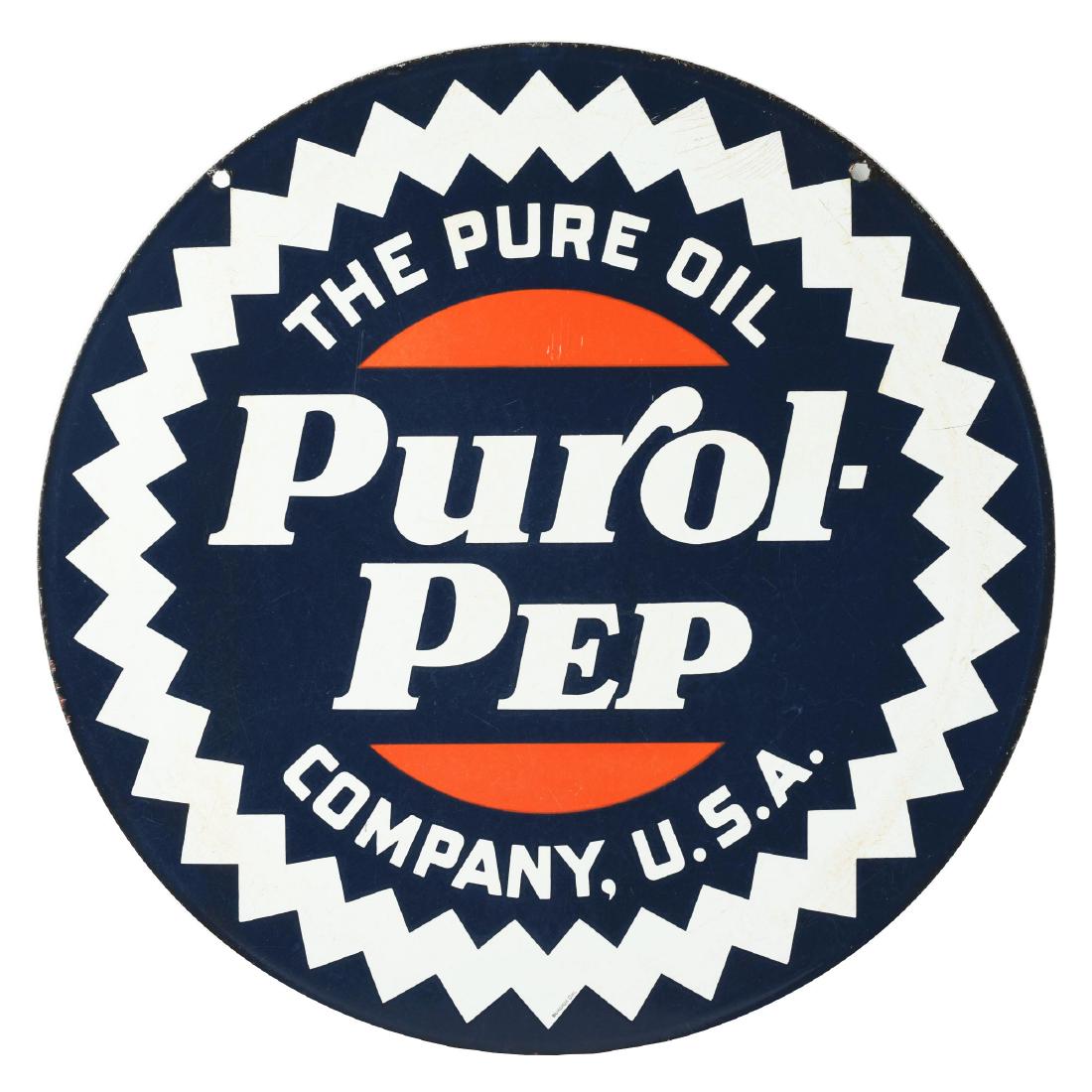 Pure Oil Co. Purol Pep Gasoline Porcelain Curb Sign.
