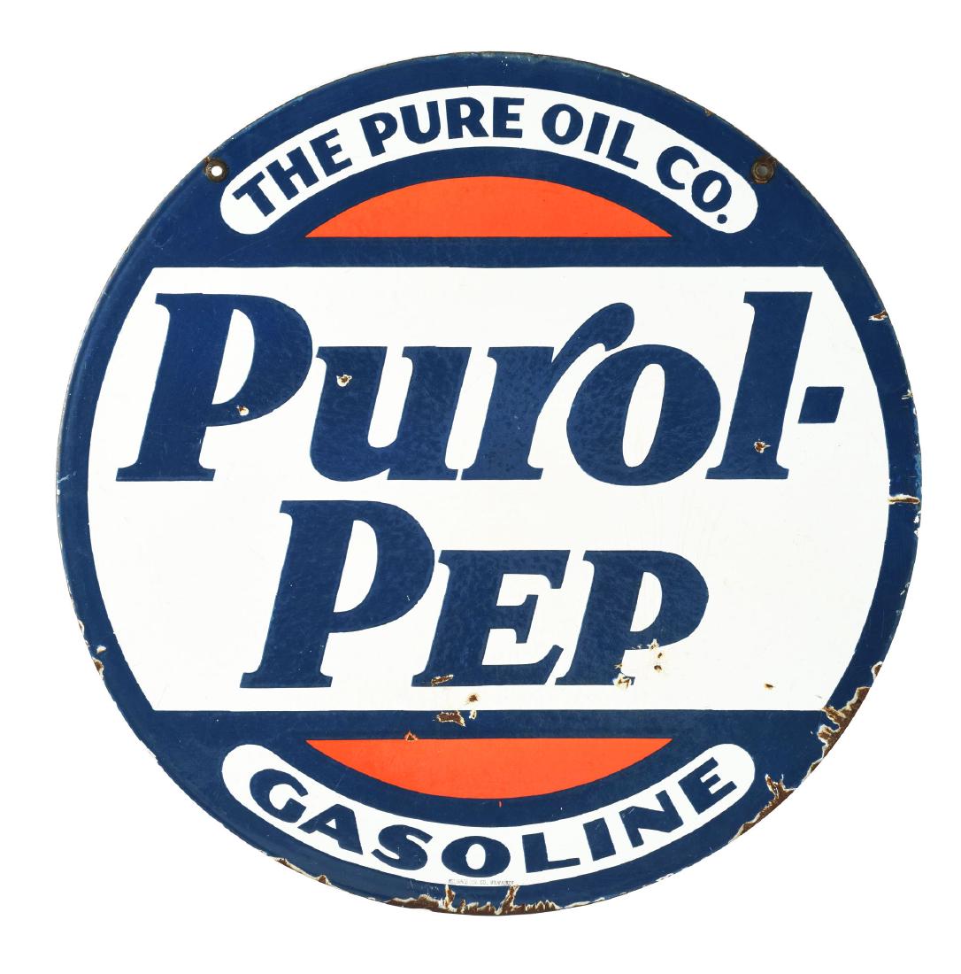 Pure Oil Co. Purol Pep Gasoline Porcelain Curb Sign.