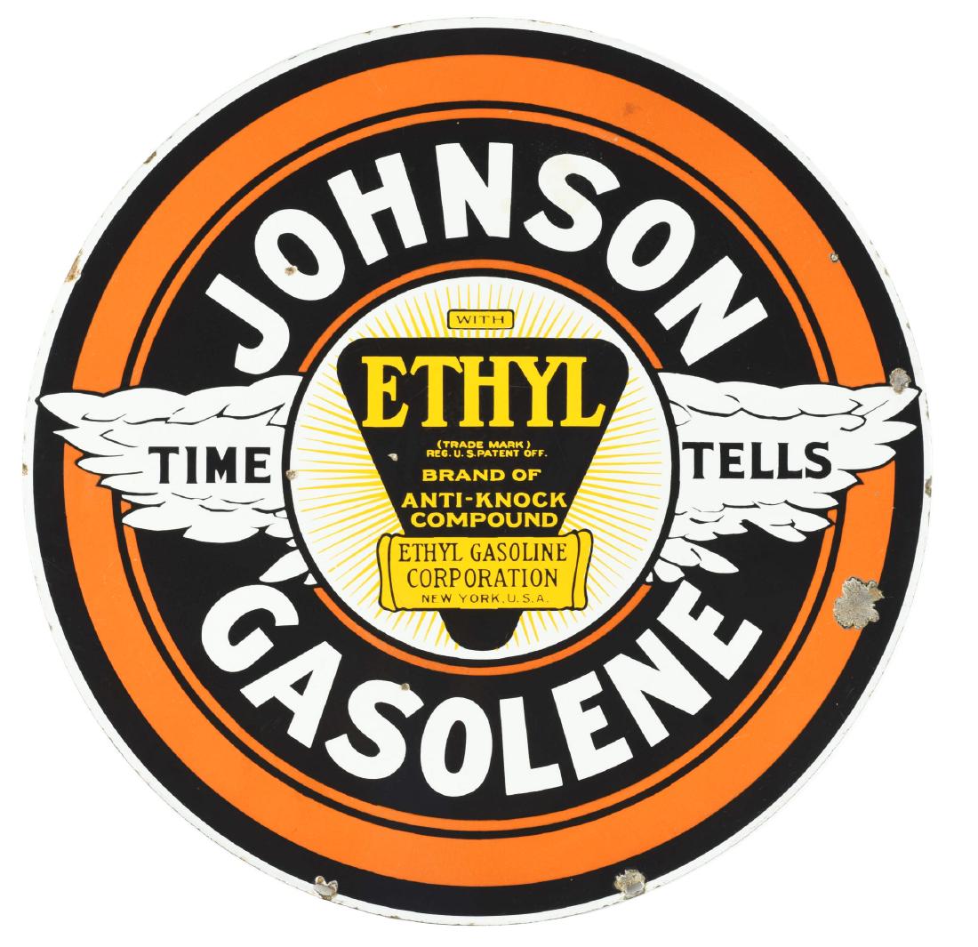 Johnson Time Tells Gasoline Porcelain Curb Sign with