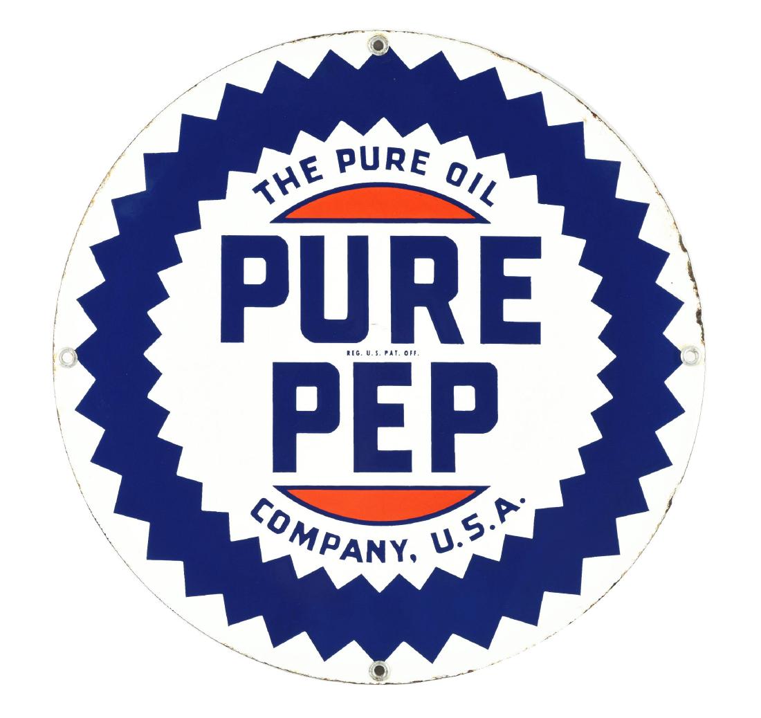 Pure Oil Company Pure Pep Gasoline Porcelain Sign.