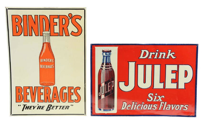 Lot Of 2: Embossed Tin Binders And Julep Soda Signs.