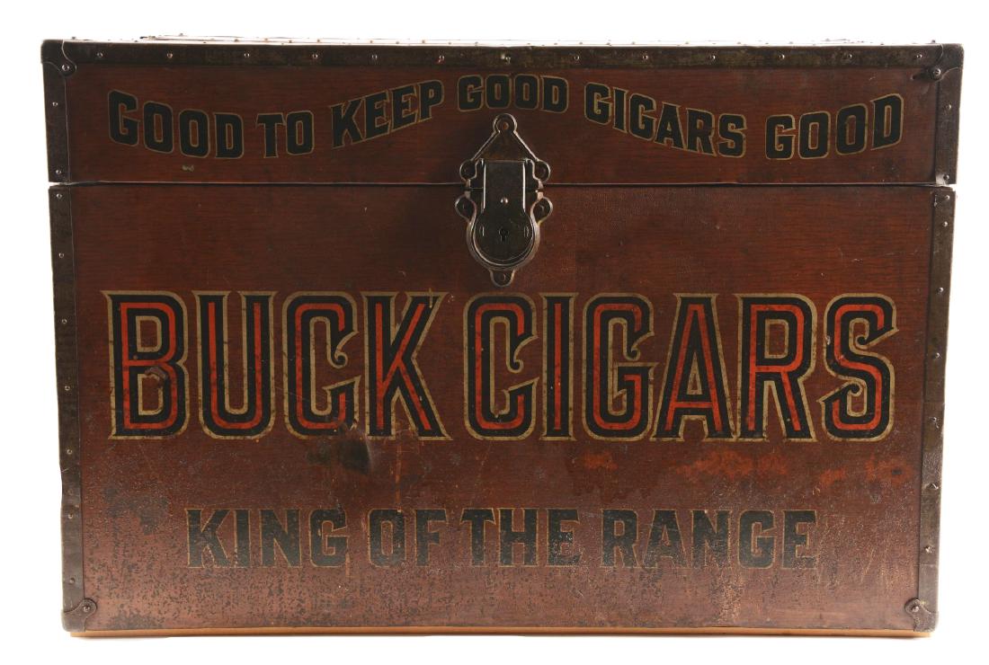 Buck Cigars Tin Litho Advertising Humidor.