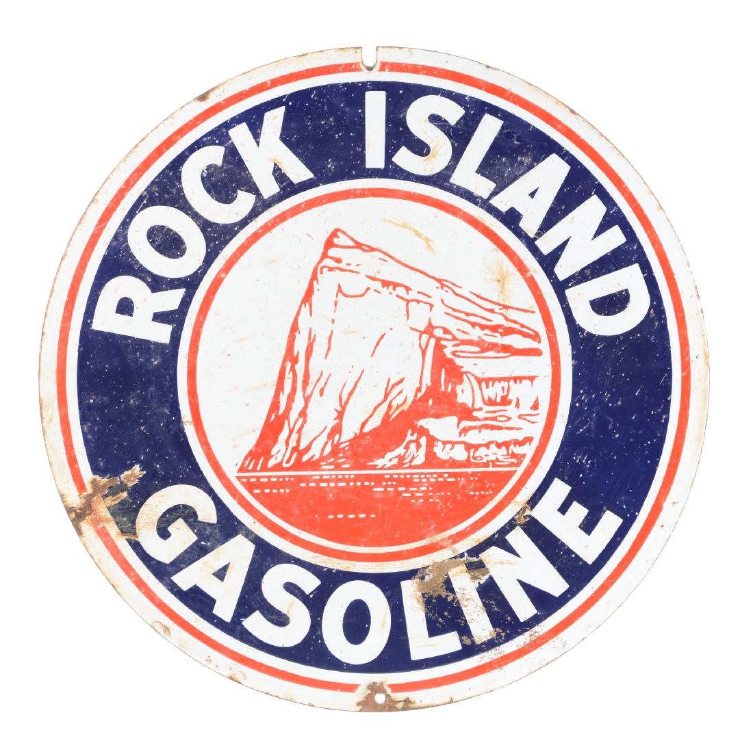 Rock Island Gasoline Double Sided Porcelain Sign.
