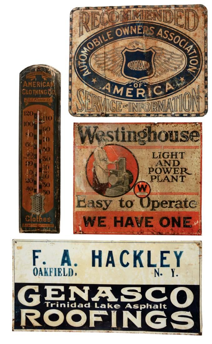 Lot of 4: Various Tin Advertising Signs & Wooden