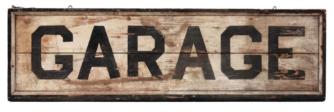 Hand Painted Wooden Garage Sign with Wood Framing.