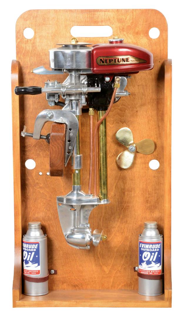 Neptune Outboard Motor on Wooden Display Stand.