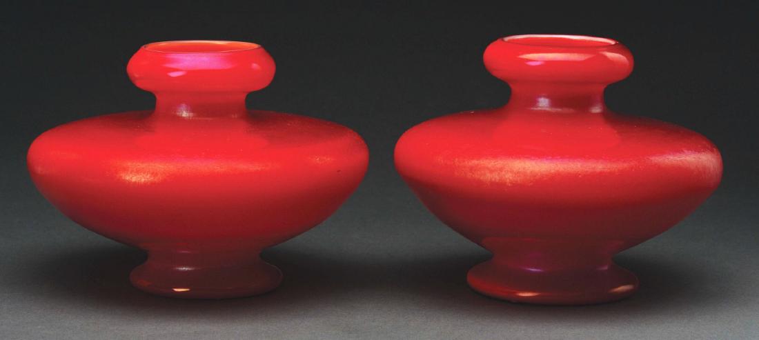Pair Of Tiffany Red Favrile Vases.