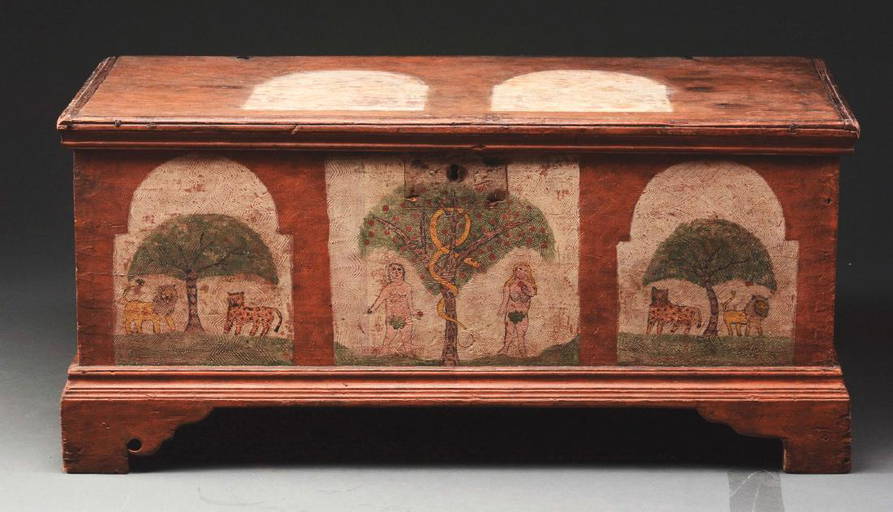 Fine Pa Adam & Eve Decorated Dower Chest Mid 18th C.