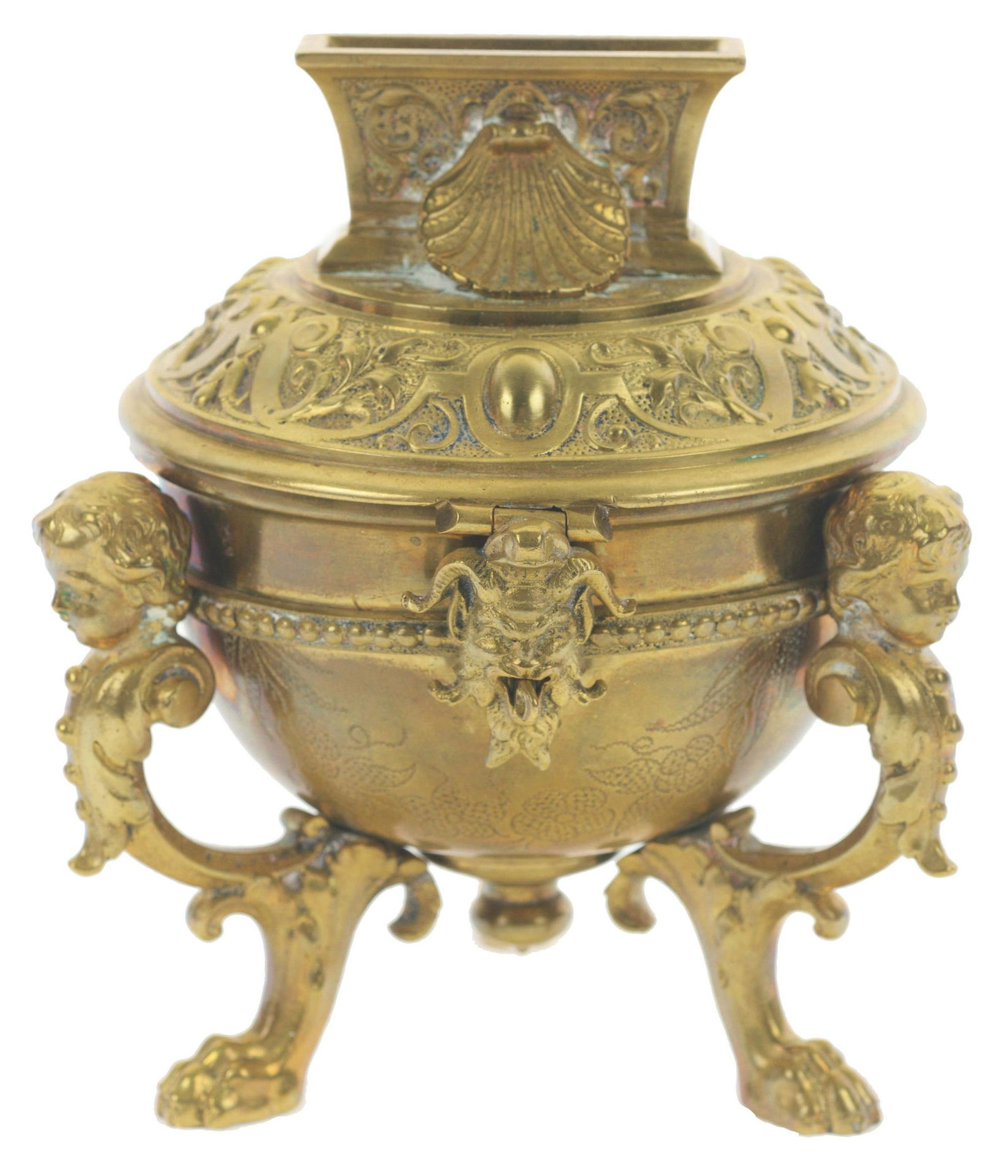 For Auction: Three-Handle Ornate Brass Still Bank with Key Lock. (#1114 ...