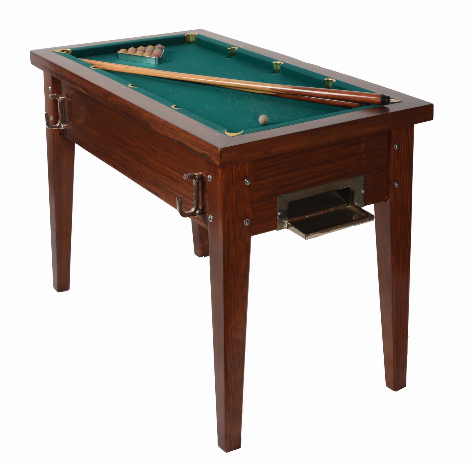 Miniature Childs Coin Operated Pool Table And Supplies.